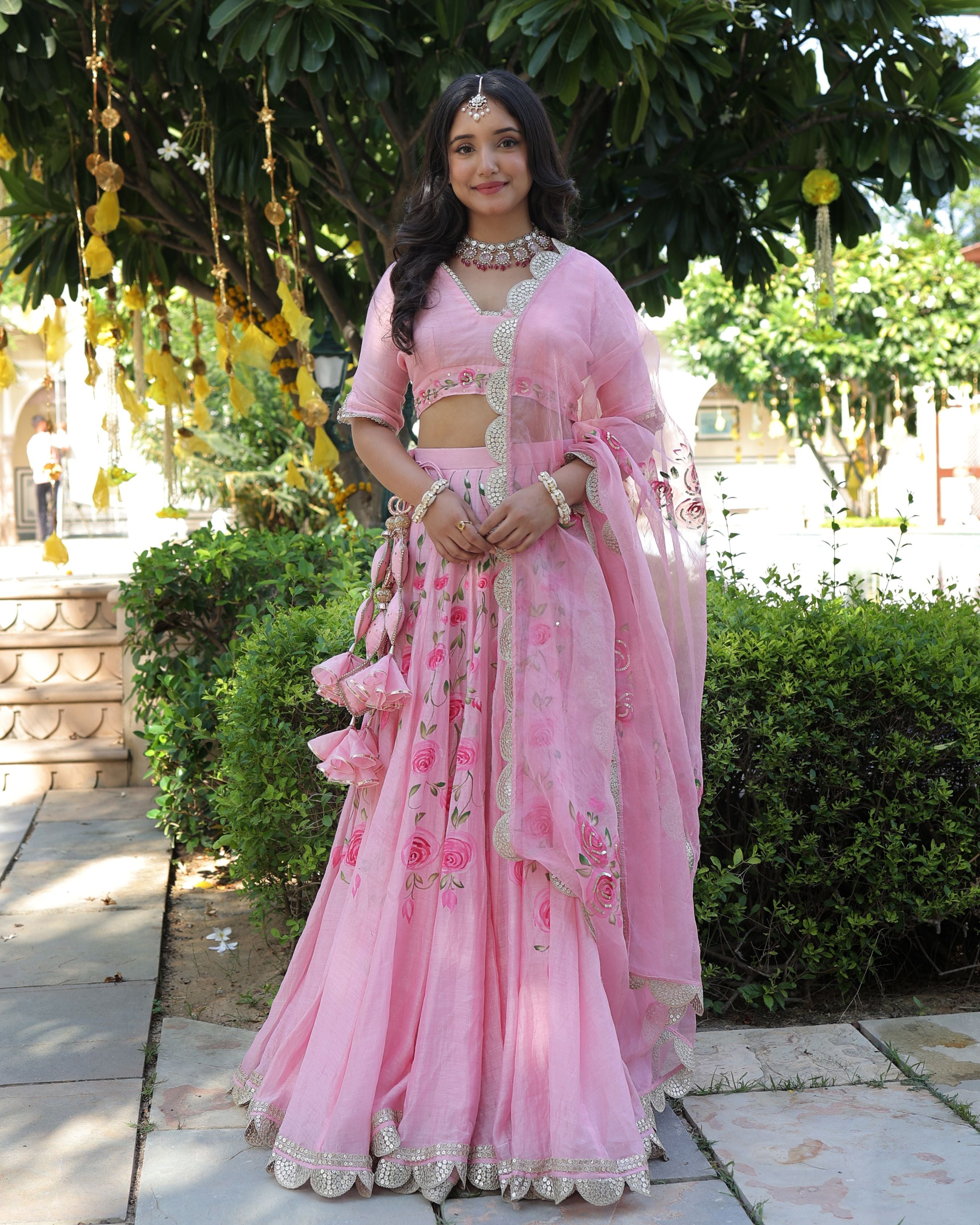 Shop Dewberry Pink Handpainted Chanderi Lehenga Set for Women Online at ...