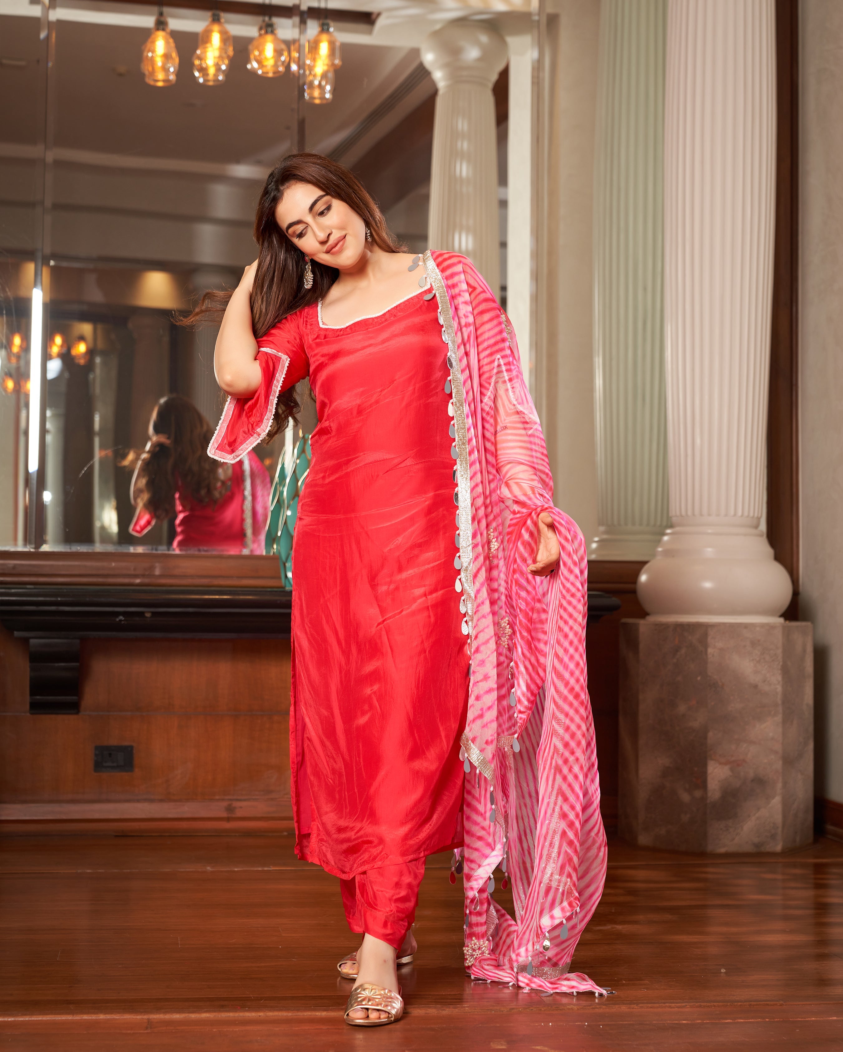Shop Krushi Pink Leheriya Silk Suit Set for Women Online at Aachho ...
