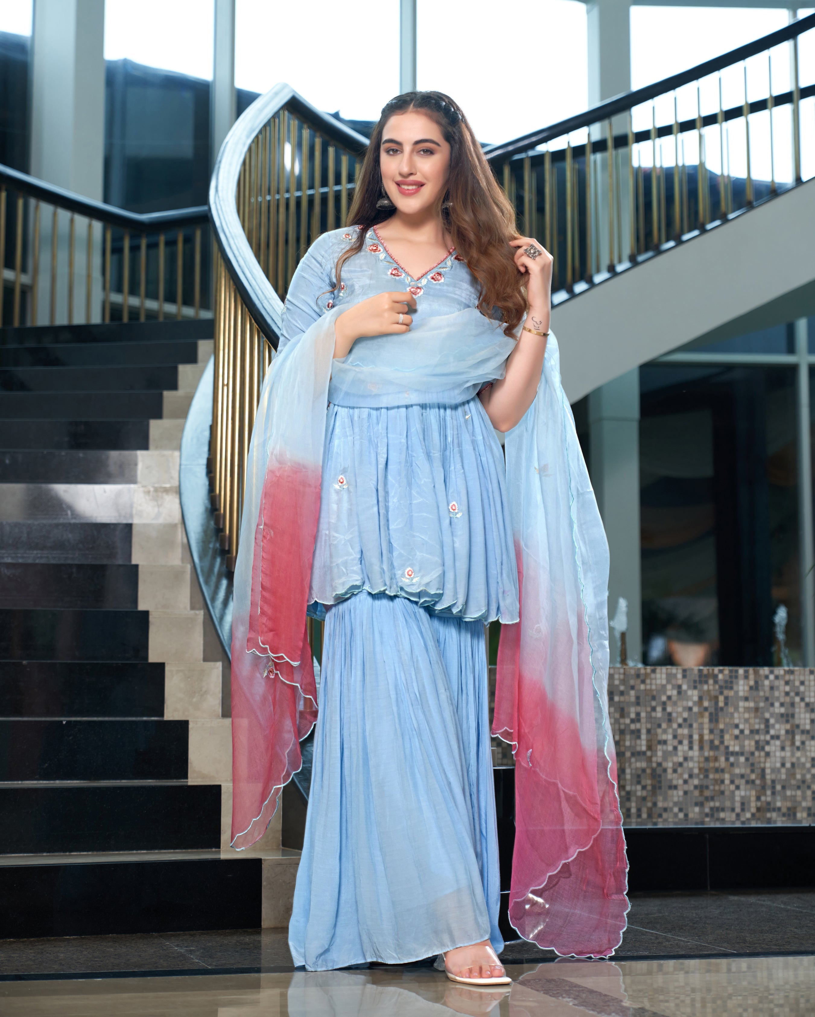 Shop Kaari Pastel Blue Embroidered Muslin Silk Sharara Set for Women Online at Aachho – Aachho.co