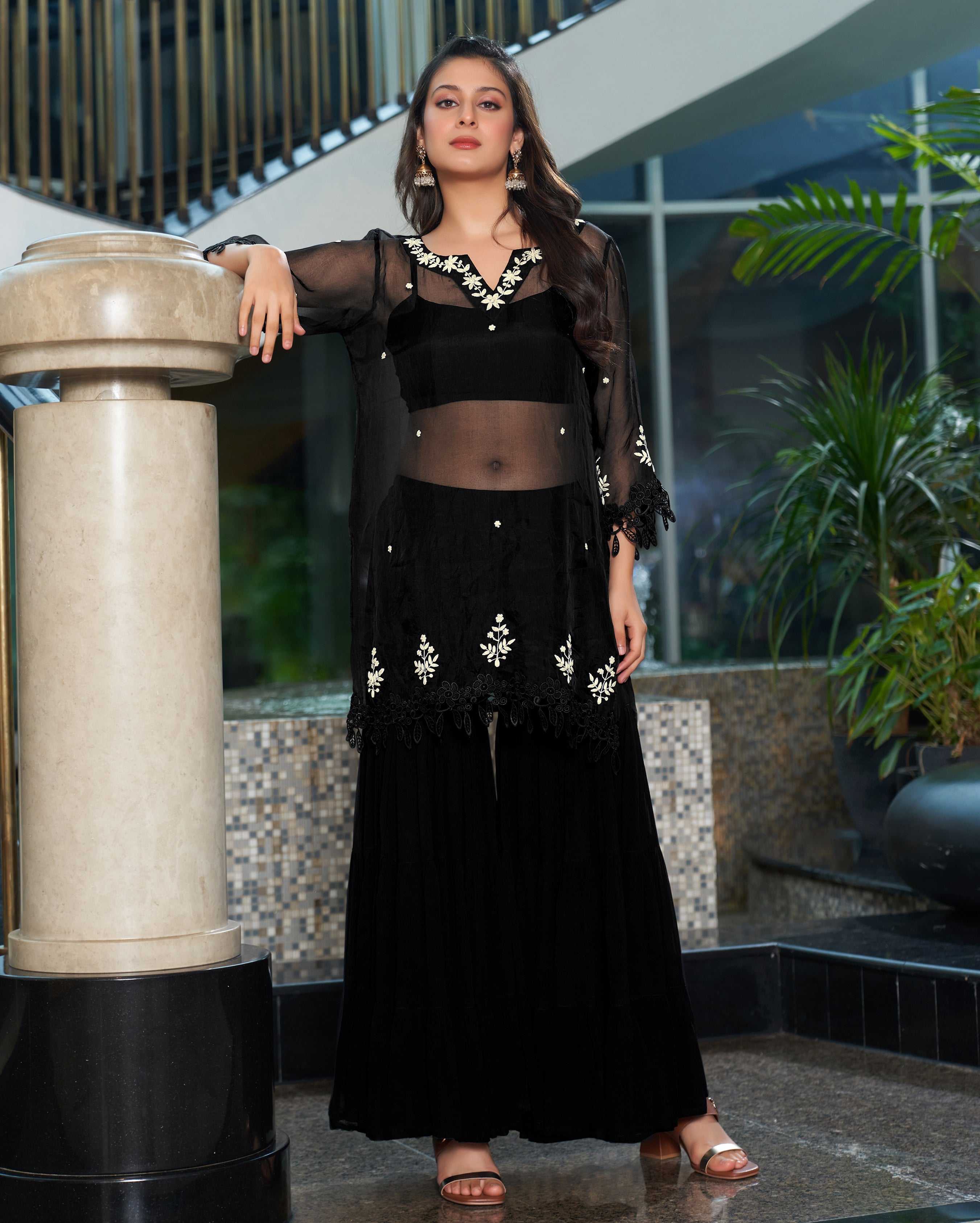 Shop Sparsh Black Embroidered Organza Sharara Set for Women Online at ...