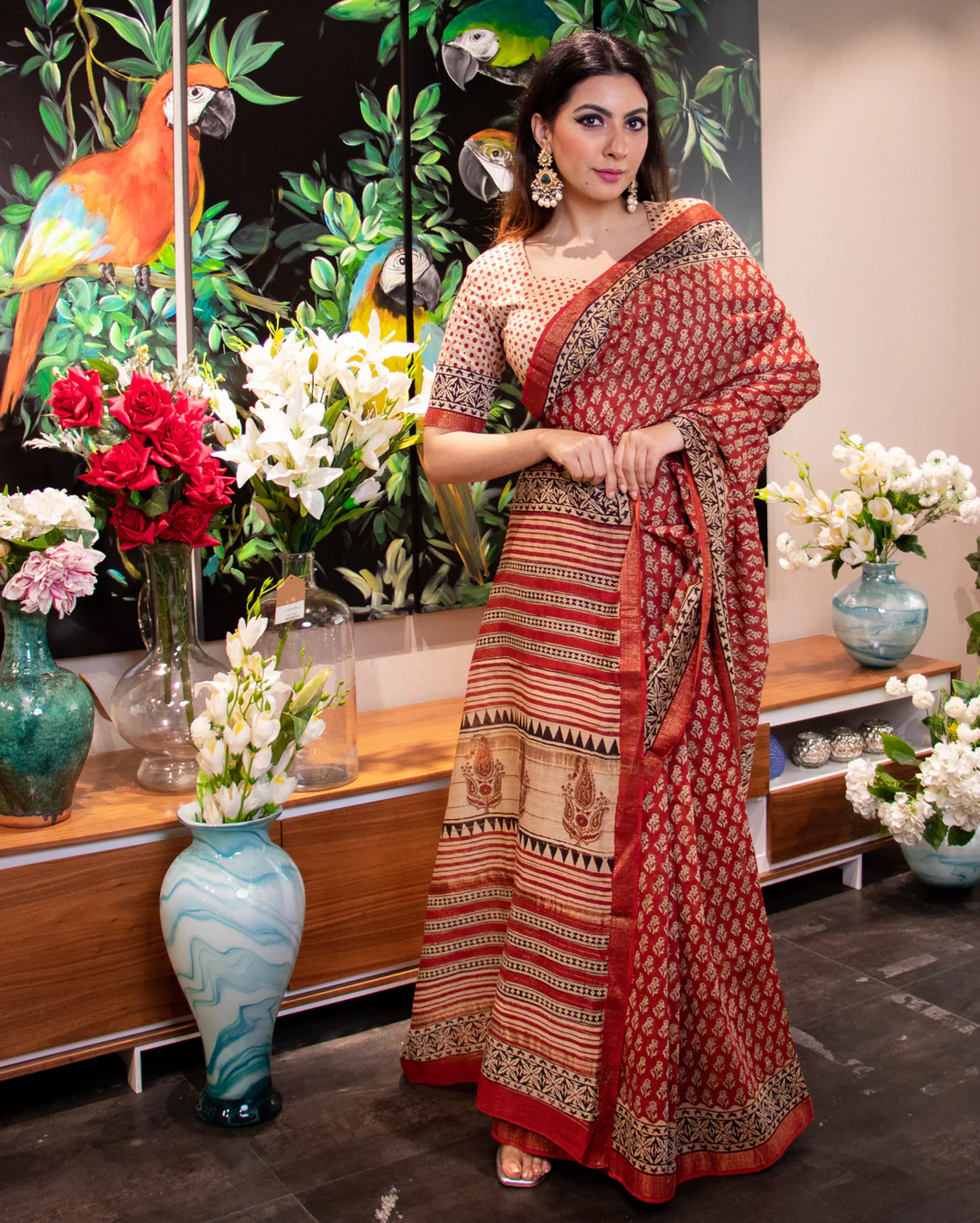 Buy Zarah Handblock Chanderi Silk Saree online in India at Best Price ...